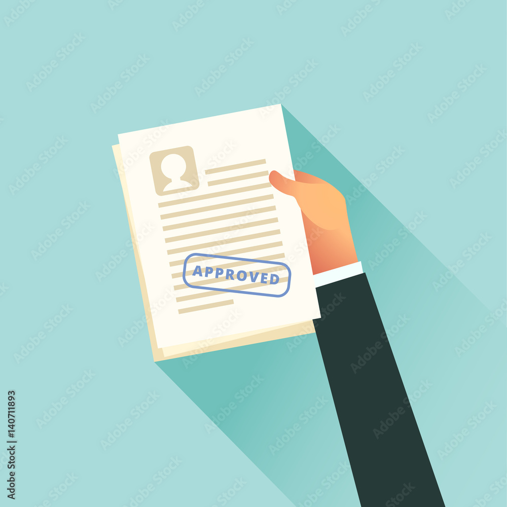 Hand holds approved paper document. Vector illustration in flat design ...