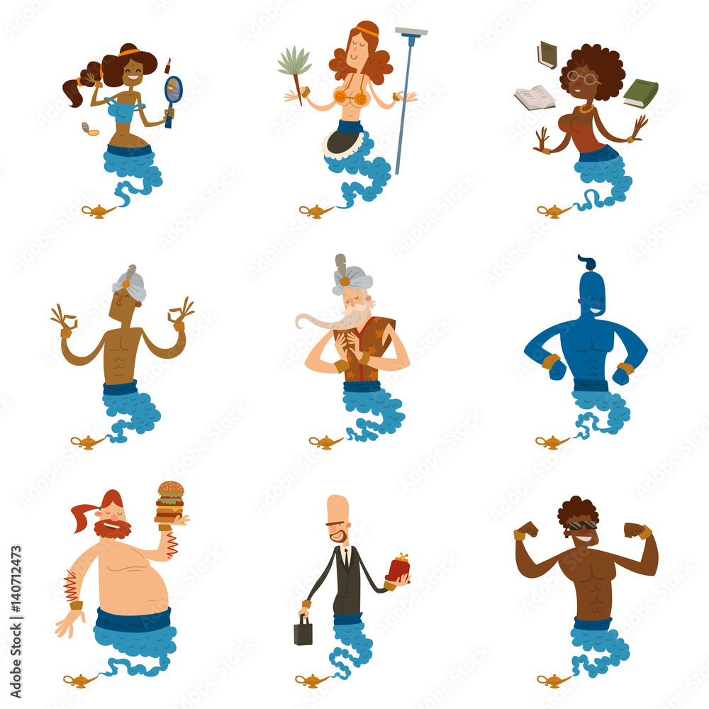 Cartoon genie character magic lamp vector illustration treasure aladdin ...