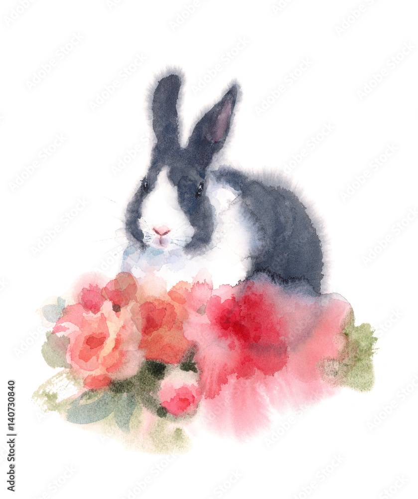 Watercolor Cute Baby Bunny Rabbit with Flowers Hand Drawn Pet Animal ...