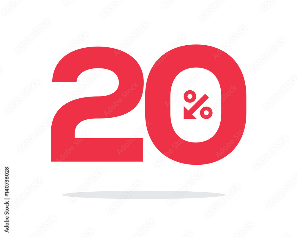 Vector red 20% text designed with an arrow percent icon on air with ...