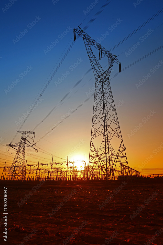Wire electrical energy at sunset Stock Photo | Adobe Stock