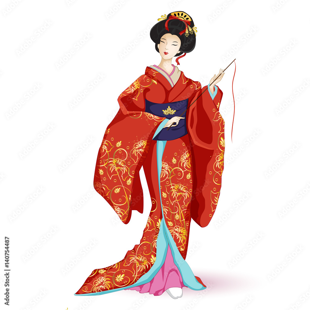 Japan National doll Hina Ningyo in a red kimono with pattern of gold ...