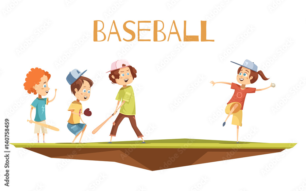 Cartoon Kids Playing Baseball Vector Illustration Stock Vector | Adobe ...