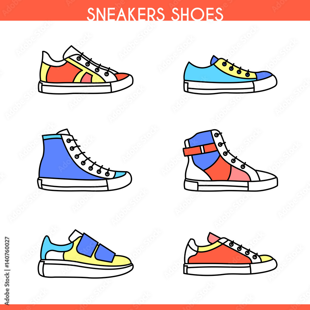 Vector color sneakers shoes, running, teenage school boys and girls ...
