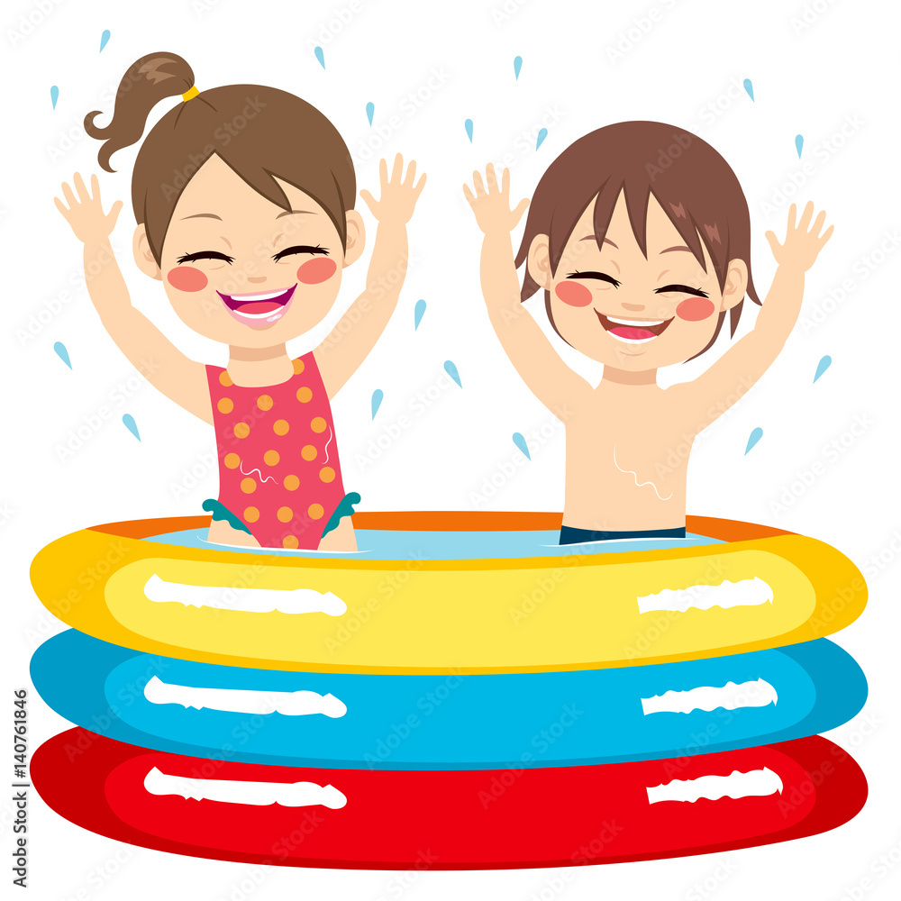 Cute little siblings children having fun on inflatable pool Stock ...