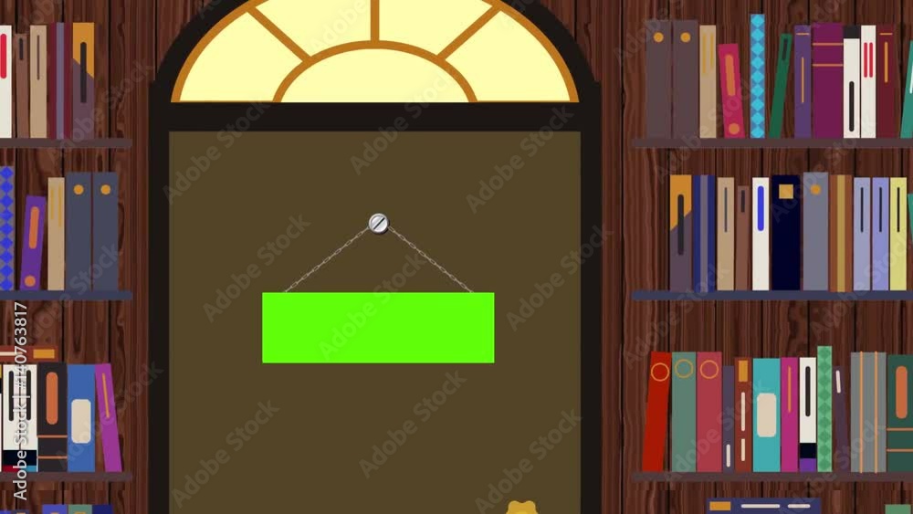 Cartoon Library with a Green Door Sign Book Shelves and Computers with ...