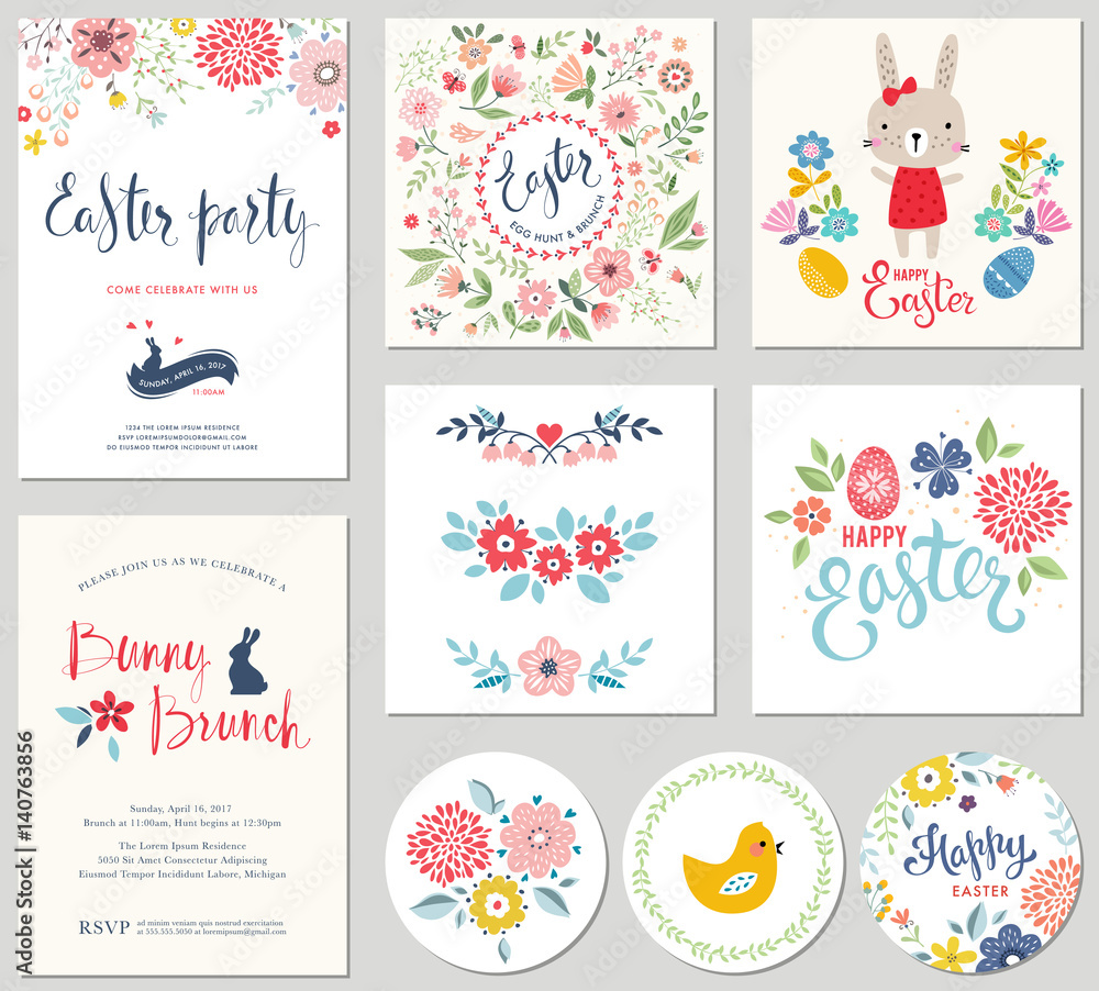 Happy Easter templates with eggs, flowers, floral wreath and branches ...