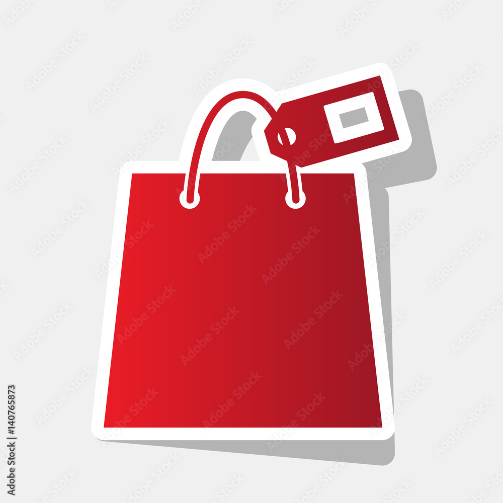Shopping bag sign with tag. Vector. New year reddish icon with outside ...