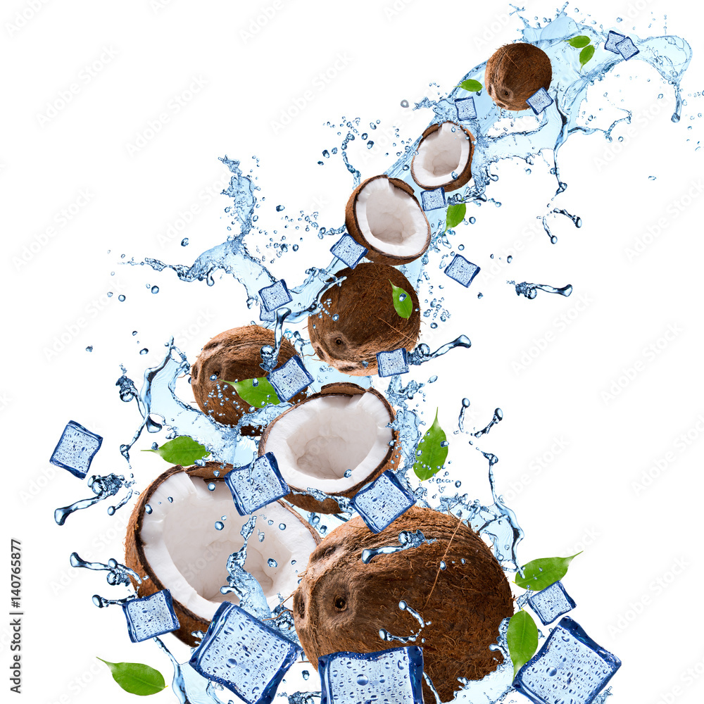 Water splash with coconut isolated on white background. Splash motion ...