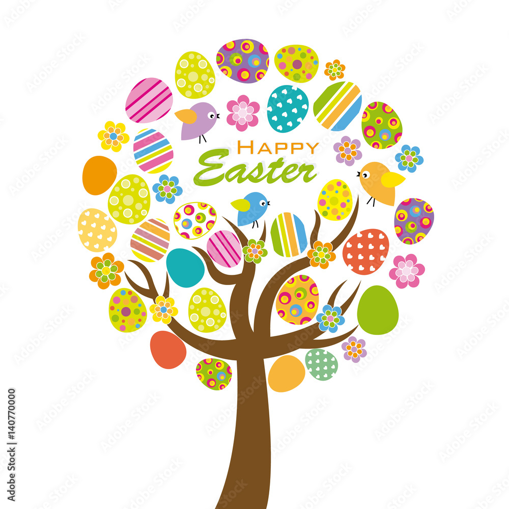 Easter tree. Colorful tree with easter eggs, flowers and birds Stock ...