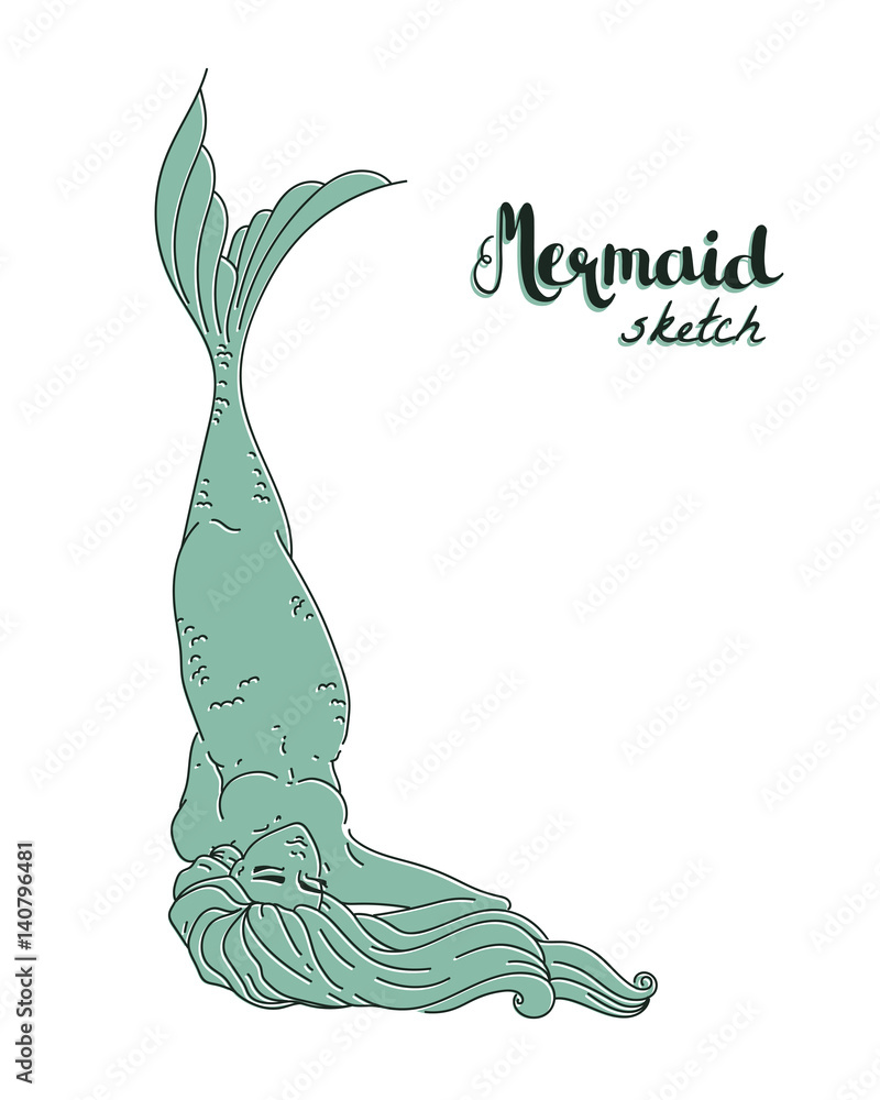 Vector mermaid laying on the sea bottom with tail up and sleeping ...