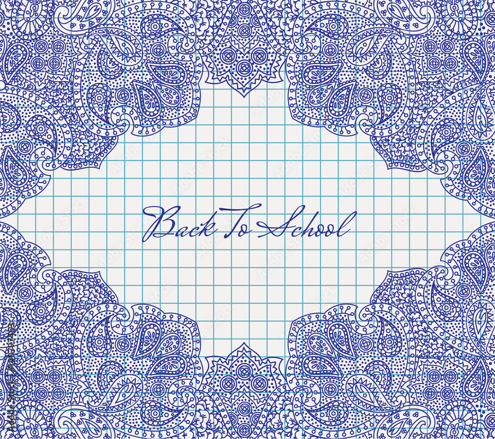 Vector autumn leaves frame on checked school paper drawn by ballpoint ...