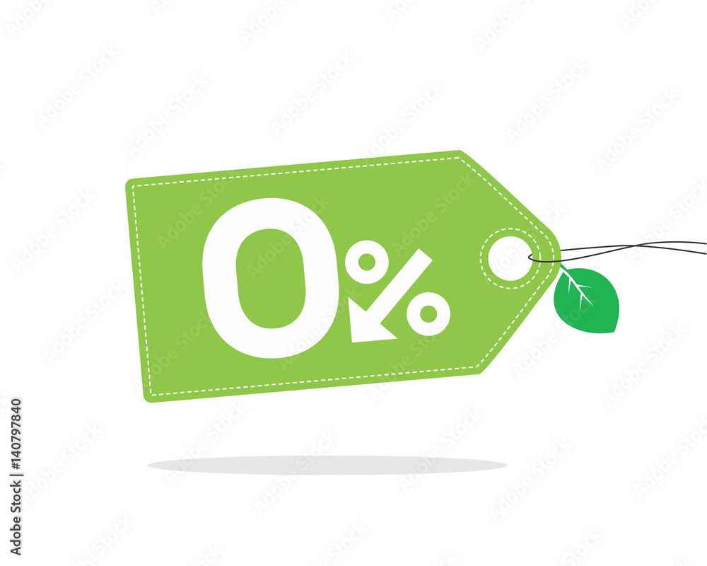 Green price tag label with 0% text designed with an arrow percent icon ...