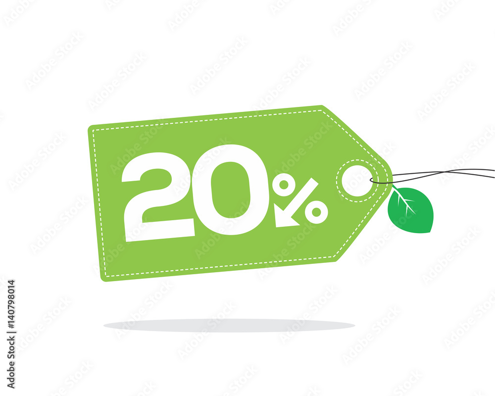 Green price tag label with 20% text designed with an arrow percent icon ...