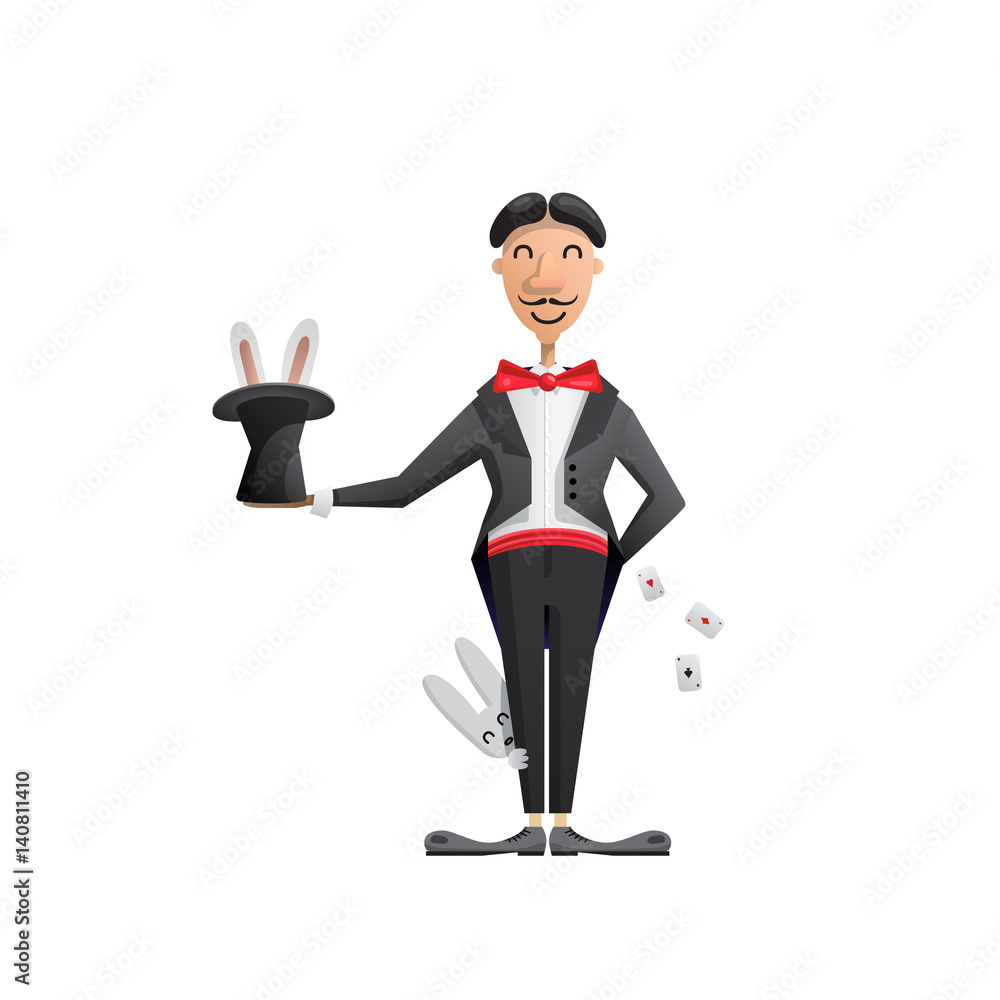 Vector illustration of a magician who shows the show with rabbit in the ...