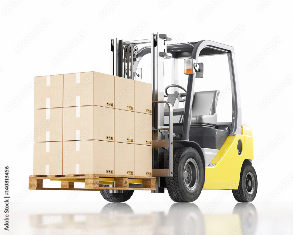 Illustrazione Stock Muletto trasporta pallet con pacchi | Adobe Stock