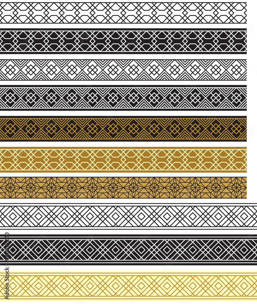 Set of seamless geometric borders, black, white and golden colors ...