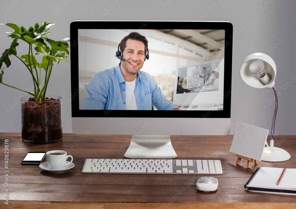 Foto de Computer with video calling chat screen do Stock | Adobe Stock