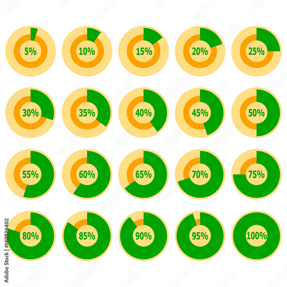 Pie graphs. Infographic charts with step of 5%. 5-100% pie graph set ...