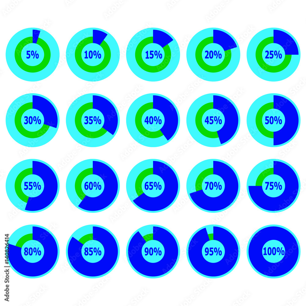Pie graphs. Infographic charts with step of 5%. 5-100% pie graph set ...