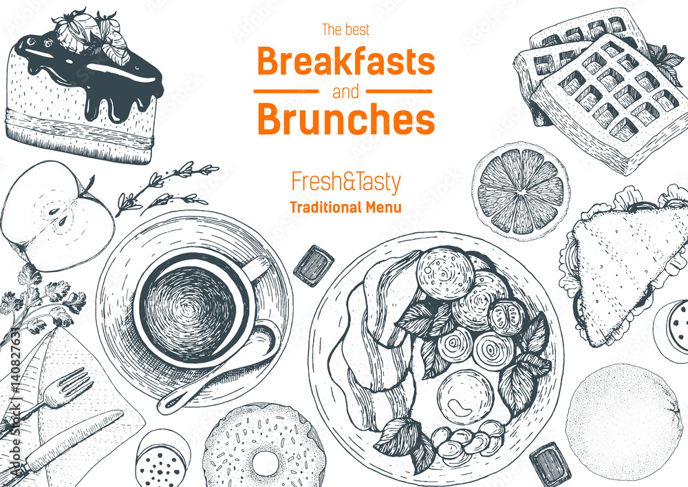 Brunch and breakfast top view frame. Food menu design. Vintage hand ...