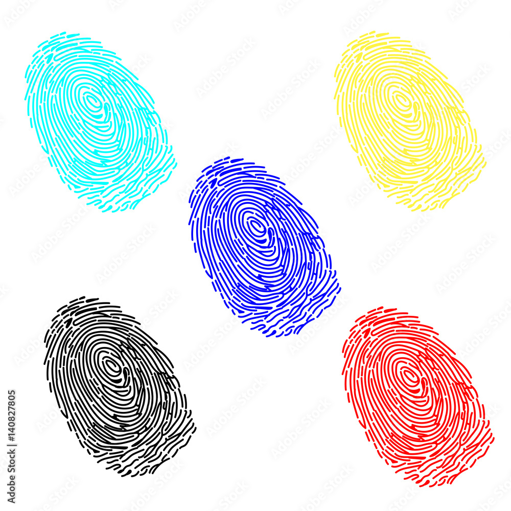 Red, blue, yellow, turquoise Isolated fingerprint man sign skin pores ...