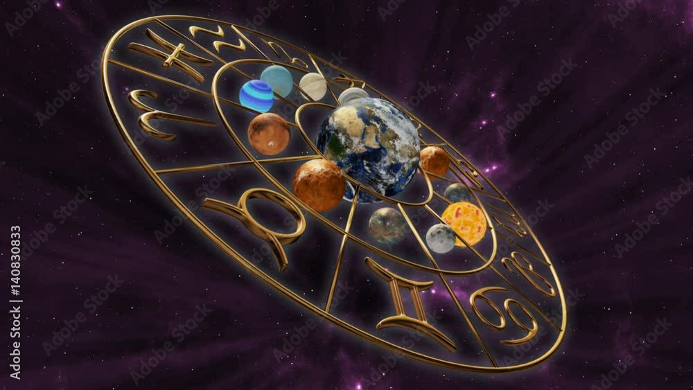Rotating mystic astrology zodiac horoscope symbol with twelve planets ...
