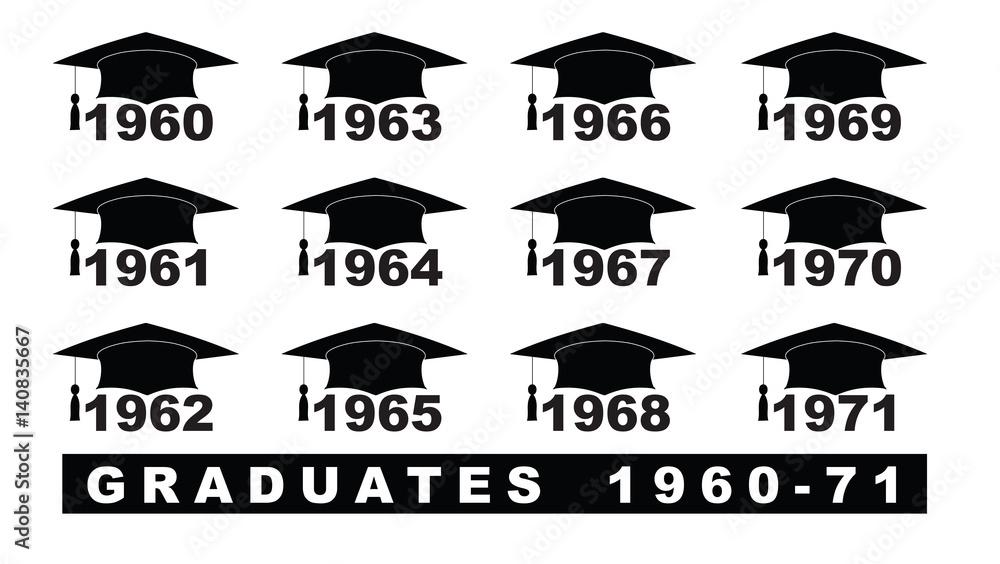 Text with graduation hat 1960-1971 set on a white illustration Stock ...