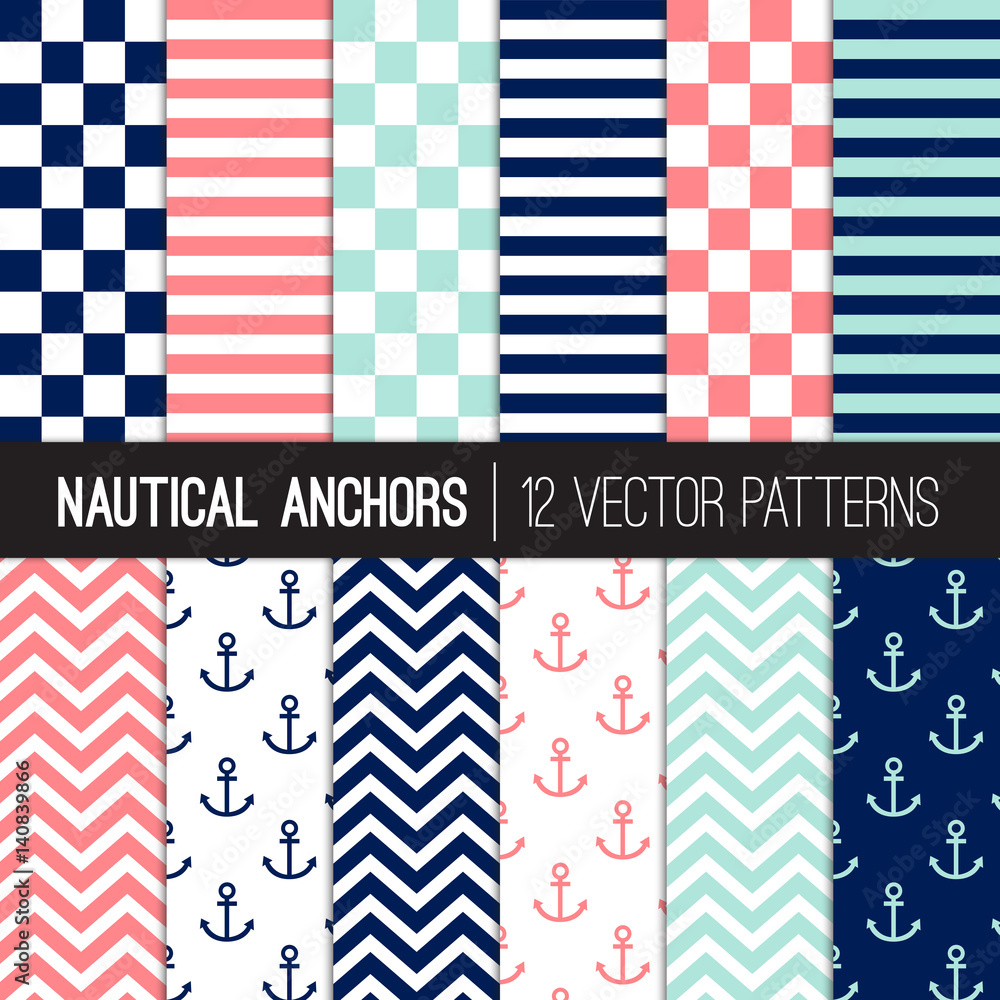Girly Nautical Patterns in Navy Blue, Coral Pink and Aqua Checks ...