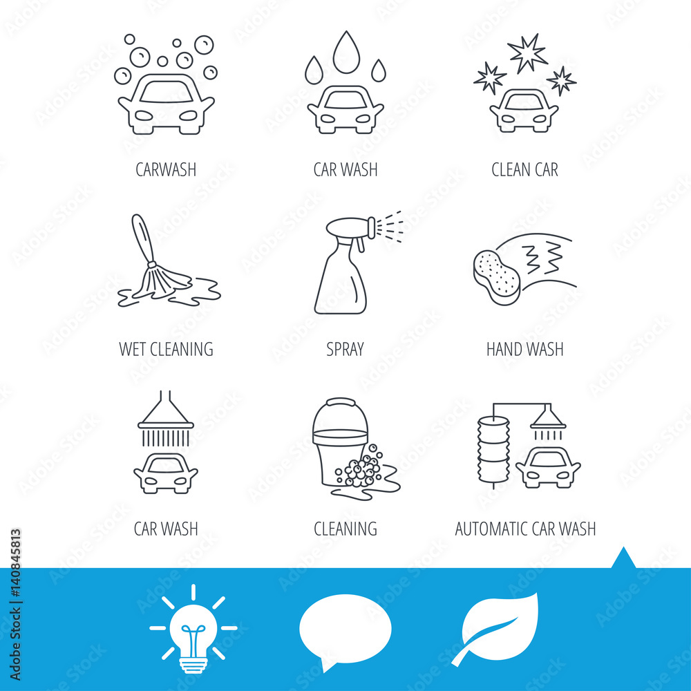 Car wash icons. Automatic cleaning station linear signs. Bucket with ...