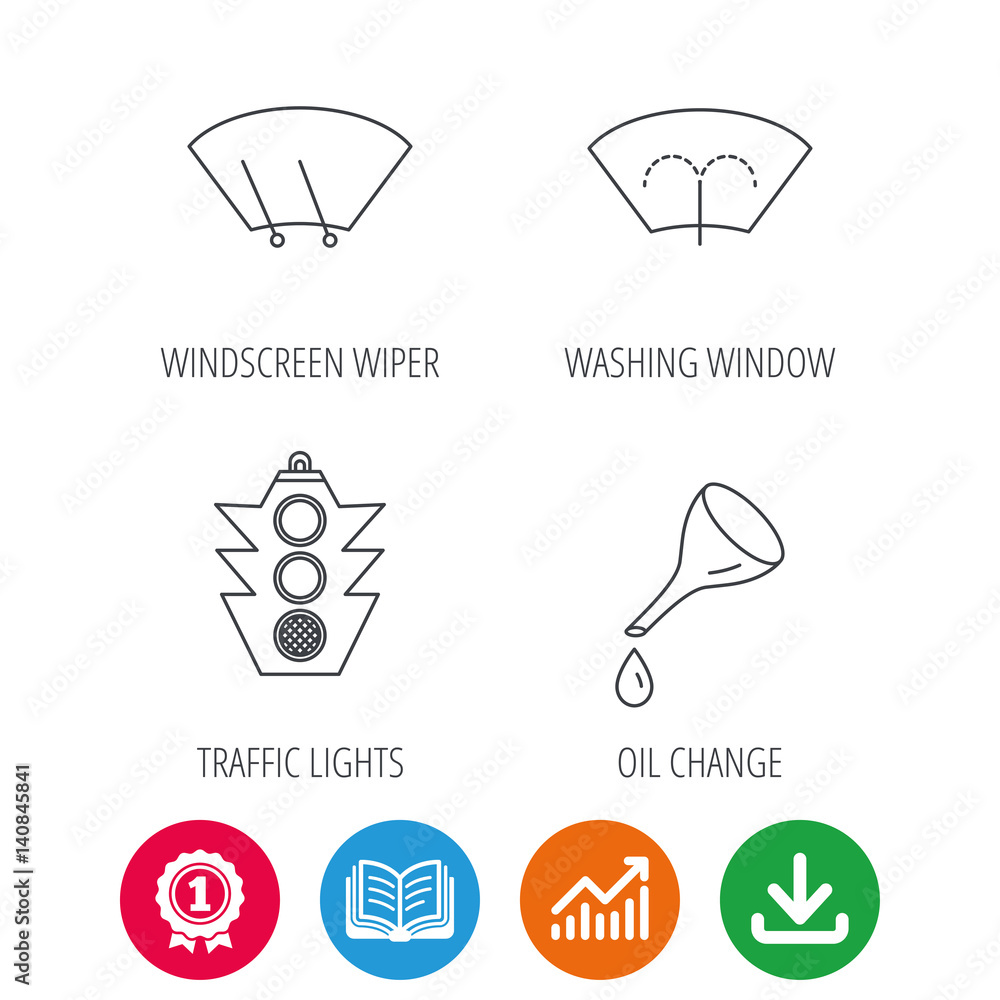 Motor oil change, traffic lights and wiper icons. Washing window ...