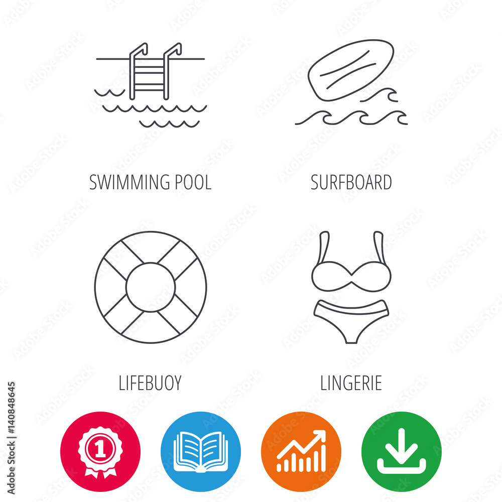 Surfboard, swimming pool and bikini icons. Lifebuoy linear sign. Award ...