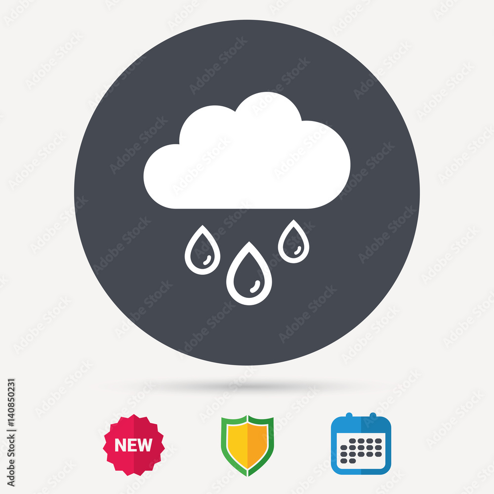 Cloud with rain drops icon. Rainy day symbol. Calendar, shield ...