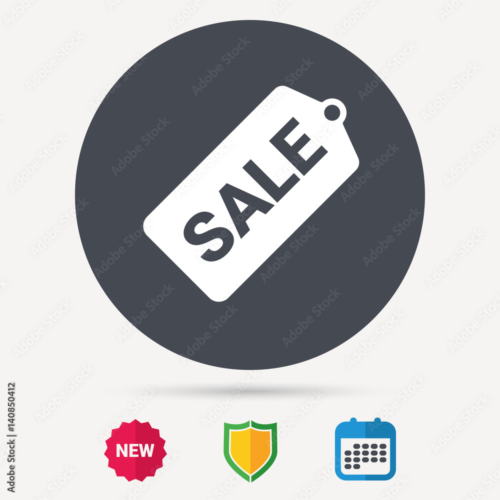 Sale coupon icon. Special offer tag symbol. Calendar, shield protection ...