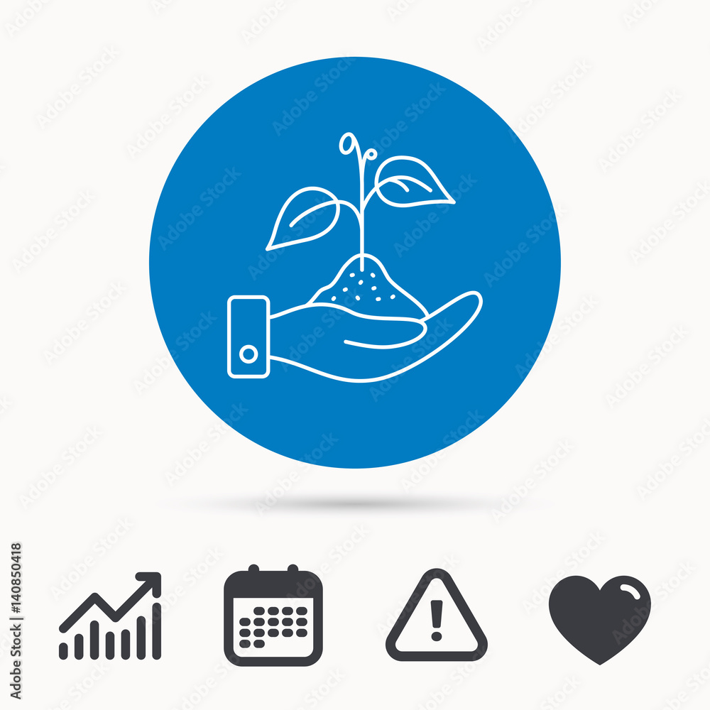 Save nature icon. Hand with plant sprout sign. Ecology environment ...