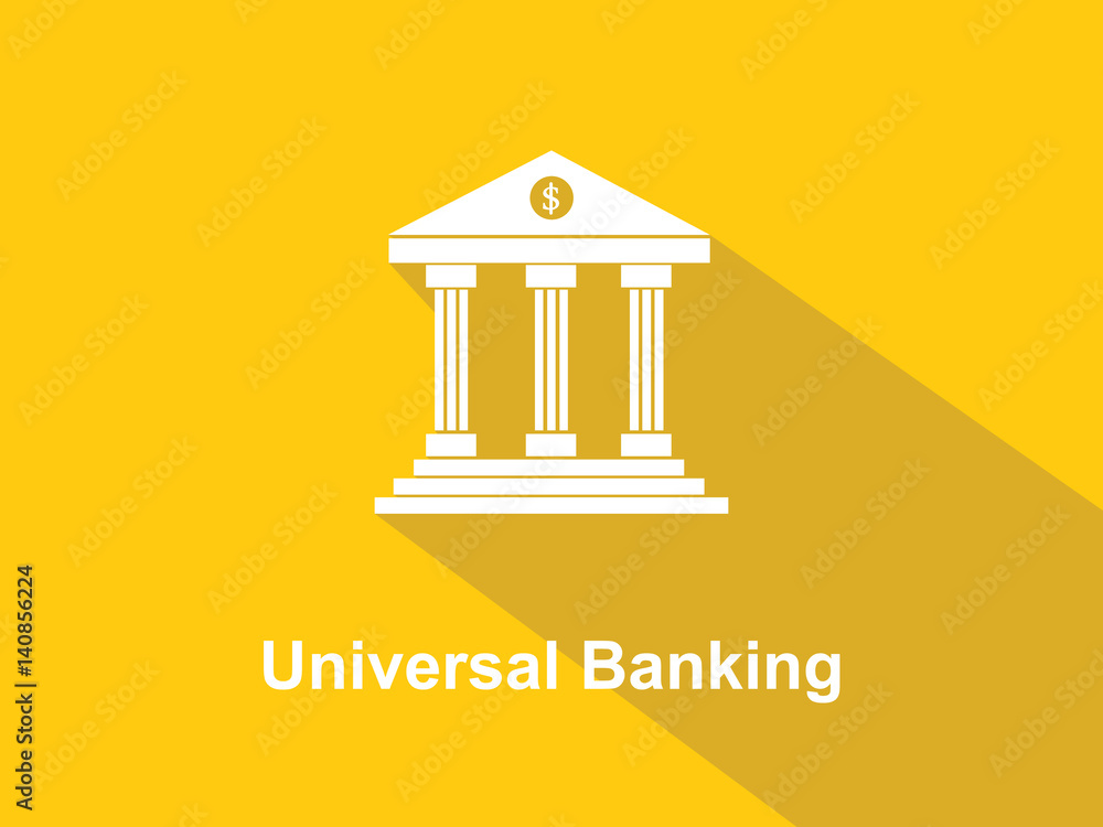 universal banking white text with bank office building illustration and ...