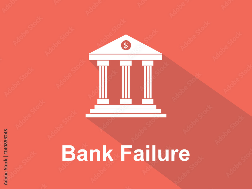 bank failure white text with bank office building illustration and ...