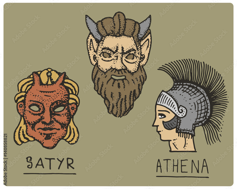ancient Greece, antique symbols, athena profile and satyr face ...