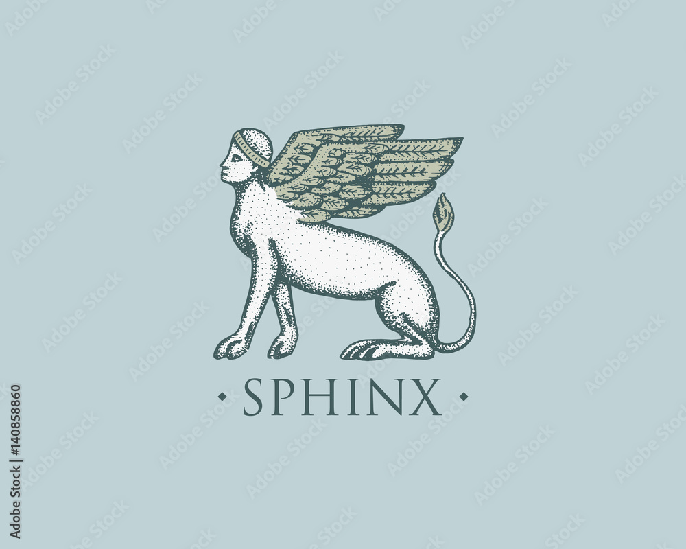 Sphinx logo ancient Greece, antique symbol vintage, engraved hand drawn ...