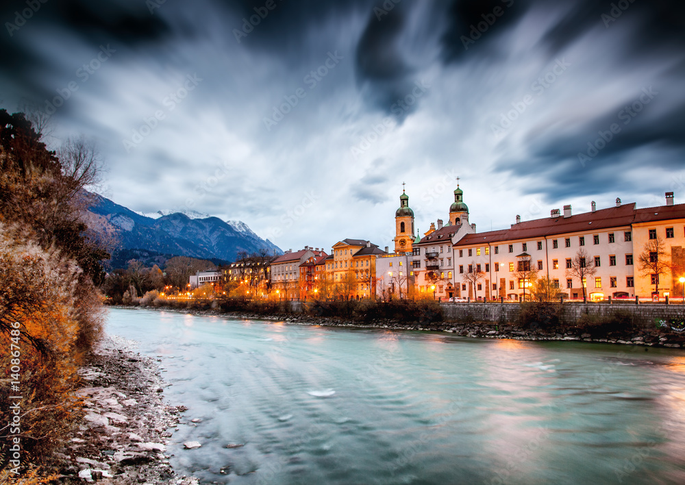 Innsbruck, beautiful night city view with long exposure Stock Photo ...