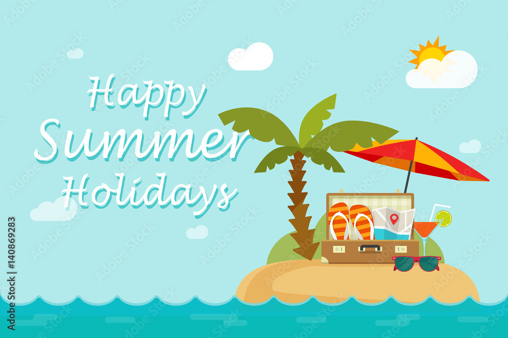 Happy summer holidays text on paradise sand island nature landscape ...