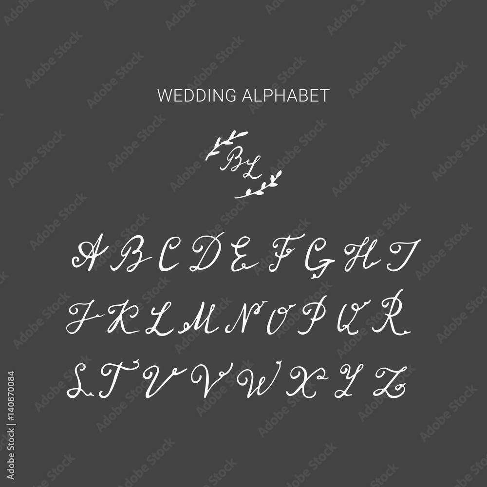 Hand drawn wedding alphabet. Uppercase vector calligraphy for bridal ...