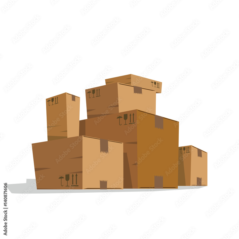 Vector image of six light brown cardboard boxes of different sizes ...