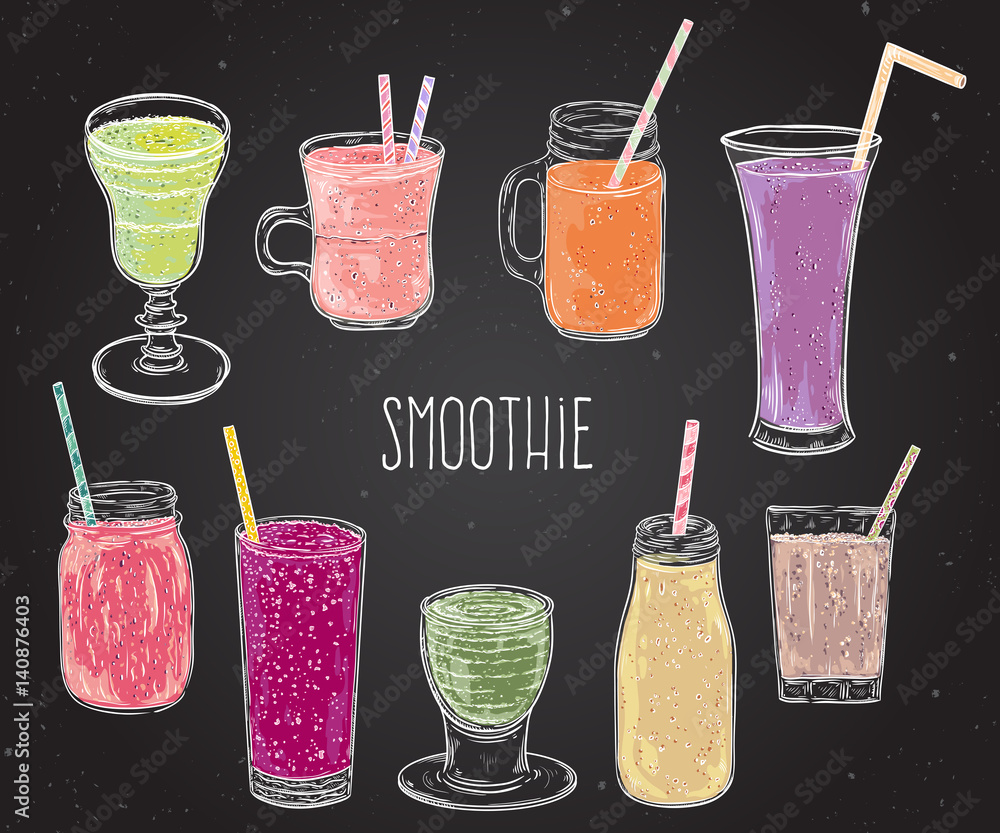 Smoothie set on chalkboard. Healthy food. Isolated elements. Hand drawn ...