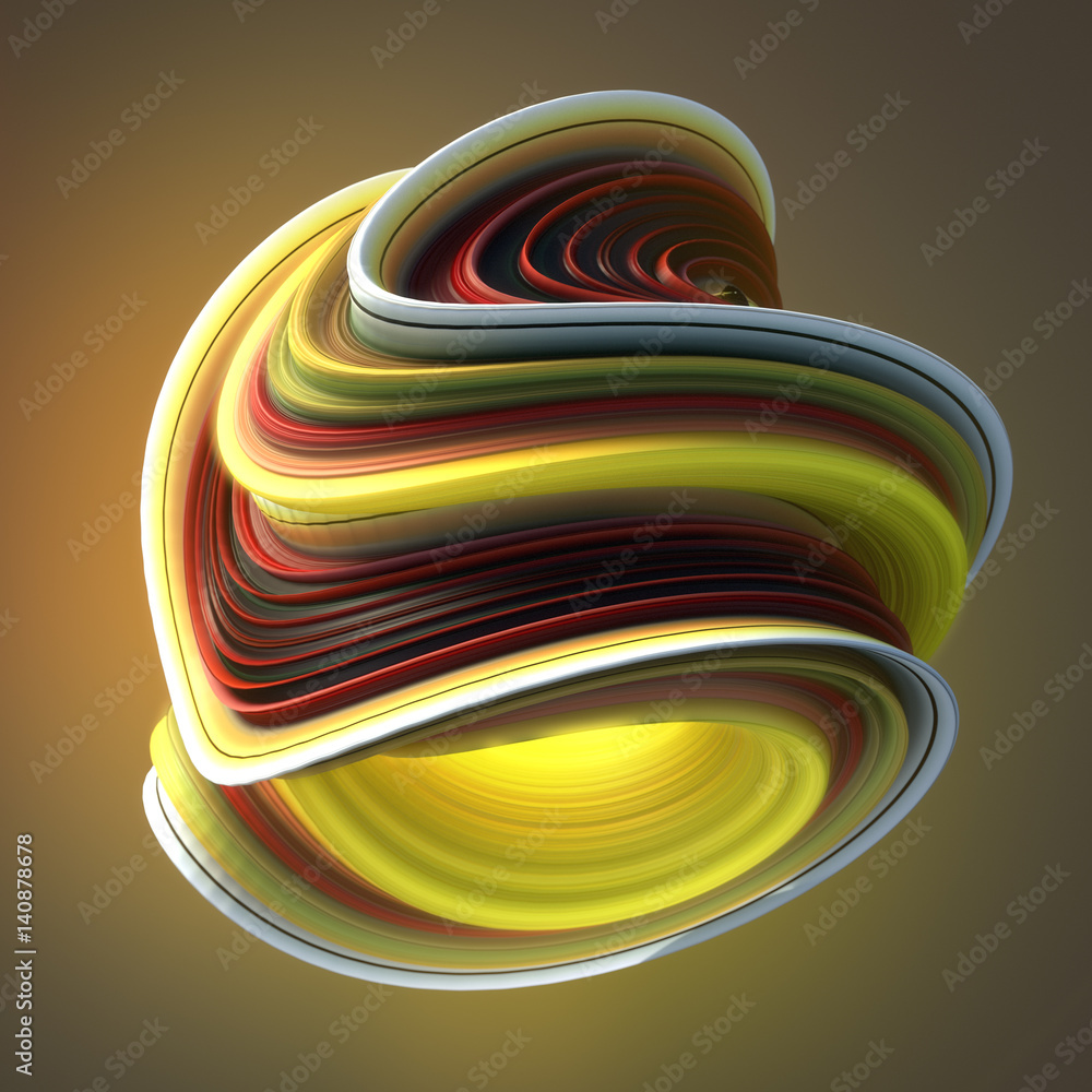 Yellow and red twisted shape. Computer generated abstract geometric 3D ...