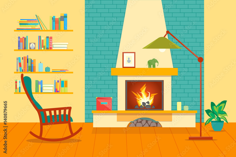 Cartoon Fireplace Interior for House. Vector Stock Vector | Adobe Stock