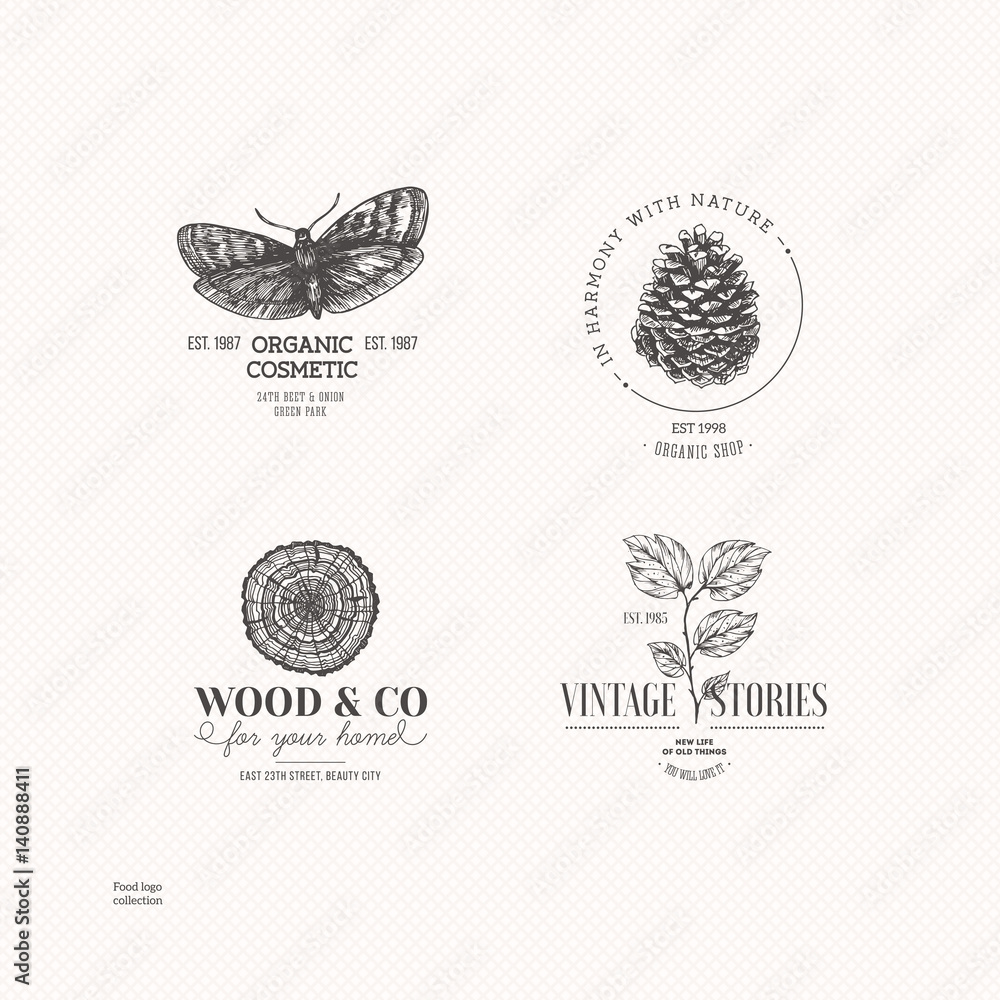 Vintage nature logo collection. Engraved logo set. Vector illustration ...