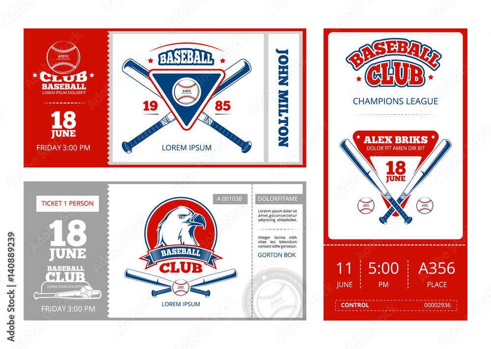 Baseball sports ticket vector design with vintage baseball team emblems ...