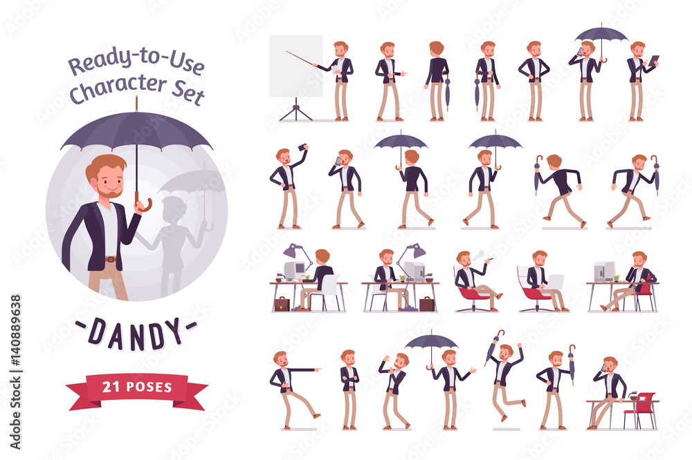 Ready-to-use young dandy character set, different poses and emotions ...