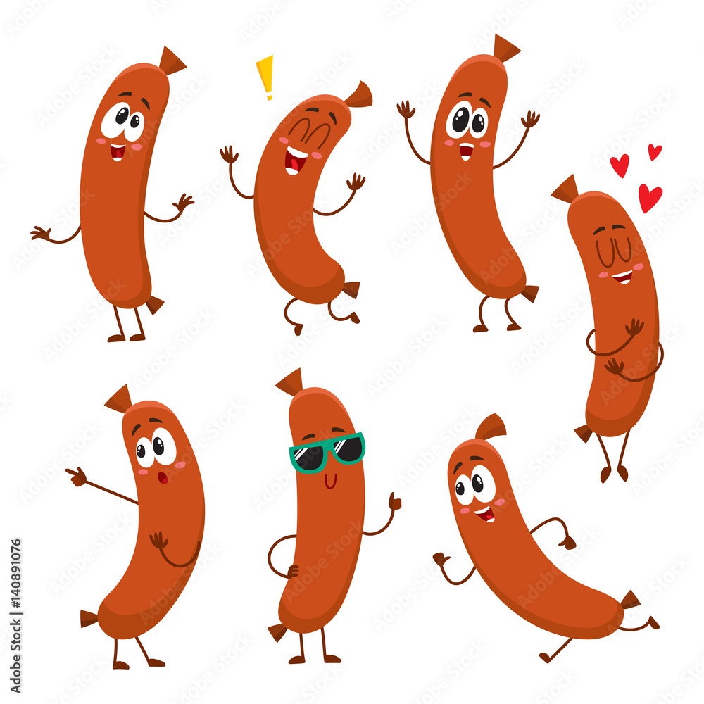 Poster Cute and funny sausage characters with human face showing ...